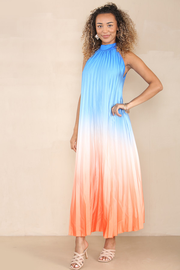 Blue Ombre Halterneck Pleated Maxi Dress