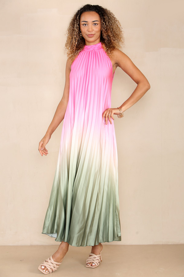 Pink Ombre Halterneck Pleated Maxi Dress