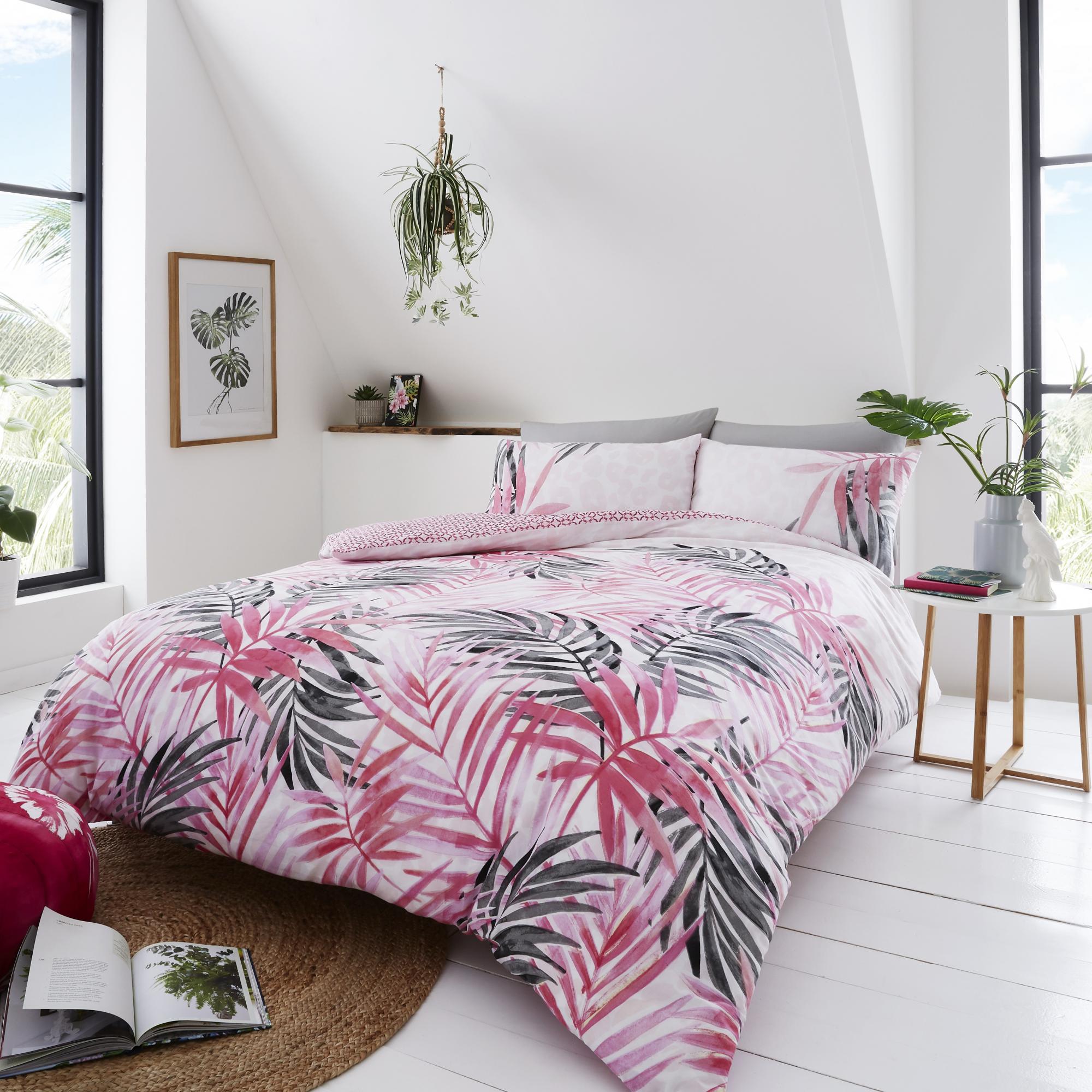 PRINTED DUVET SET LEOPARD LEAVES PINK