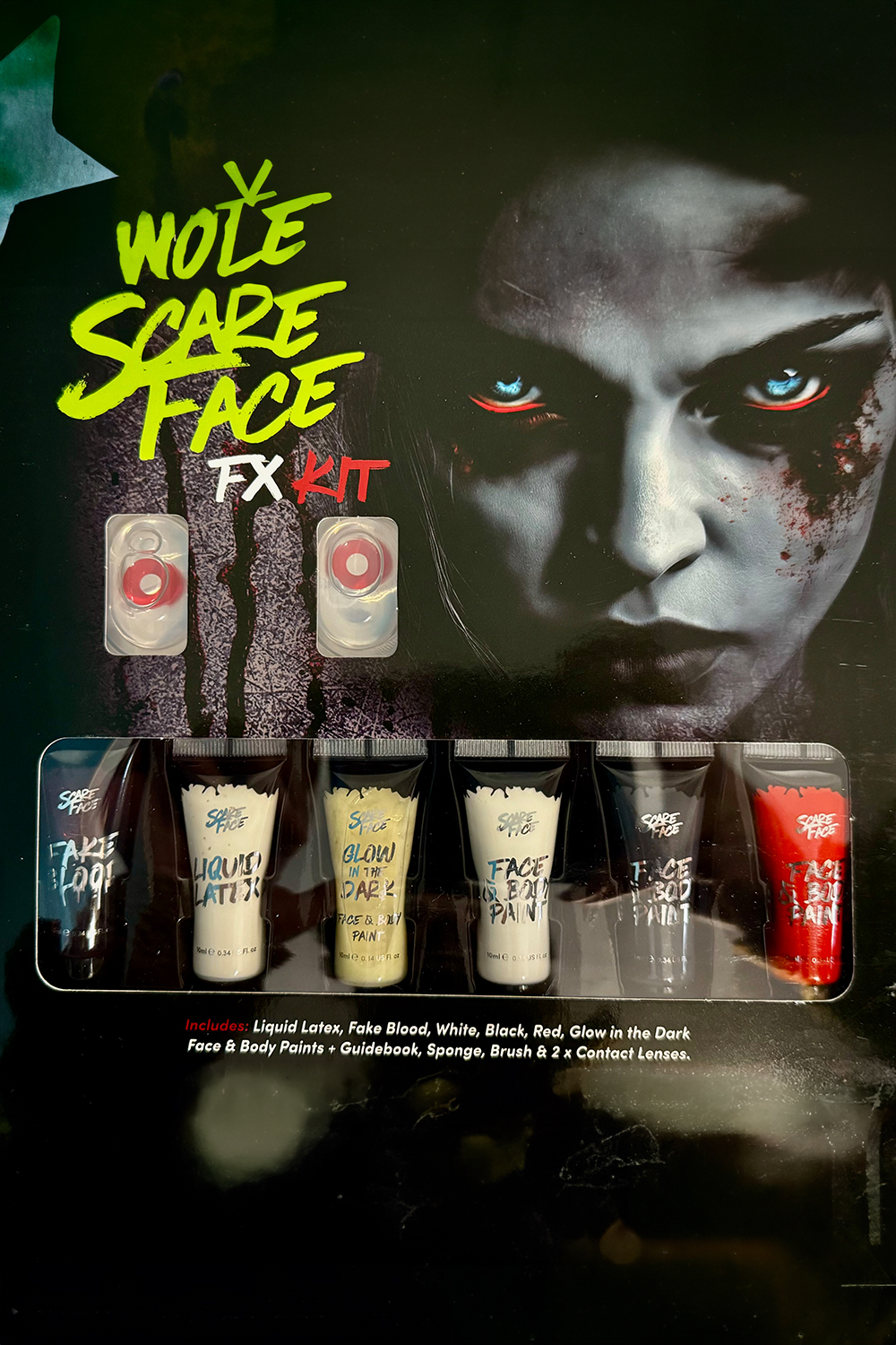 Wickedfun Scare Face Makeup Kit With Red Devil Daily Contact Lense